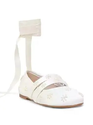 BUFFALO Lace-up Ballet Flats With Floral Bead Embellishment - White