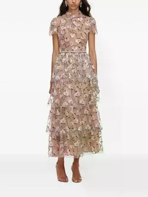 SELF-PORTRAIT Sequin-embellished Floral-embroidered Midi Dress - Pink