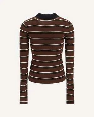 GANNI Striped Merino Polo Shirt - Brown