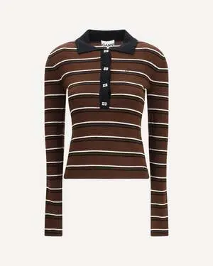 GANNI Striped Merino Polo Shirt - Brown