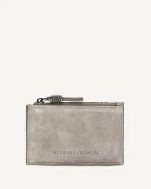 Brunello Cucinelli Suede Card Holder With Shiny Zipper Pull - Grey
