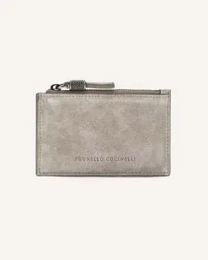 Brunello Cucinelli Suede Card Holder With Shiny Zipper Pull