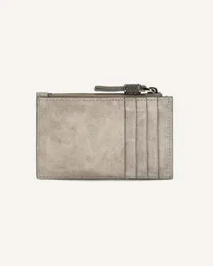 Brunello Cucinelli Suede Card Holder With Shiny Zipper Pull