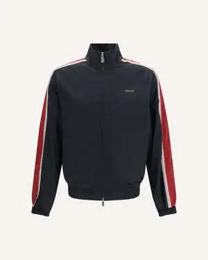 Versace Nylon Blouson Jacket With Embroidered Logo And Greca Inserts - Black