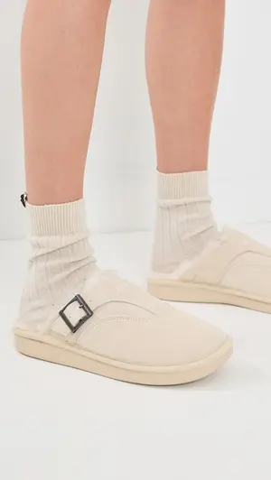 BRUNCH Suede Shearling Slippers With Buckle Detail - Beige