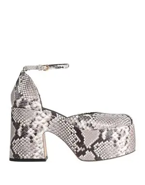 ODISSI Light Snakeskin Print Leather Platform Pumps With Ankle Strap