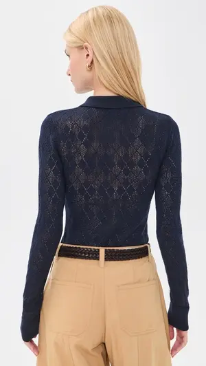 Sea Jane Argyle Pointelle Knit Polo Sweater - Navy
