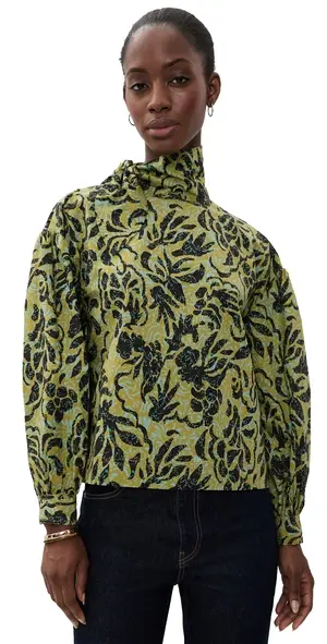 Ulla Johnson Pastel Print" Long Sleeve Cotton Blouse - Chartreuse
