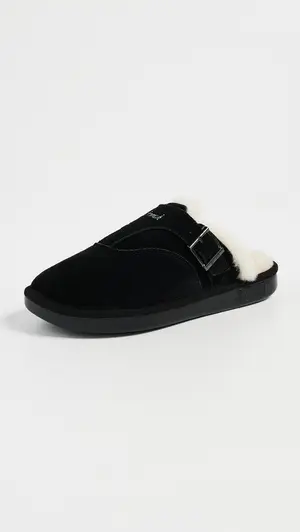 BRUNCH Suede Shearling Slippers With Adjustable Buckle - Black