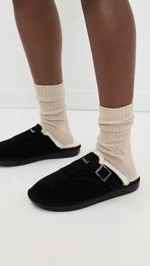 BRUNCH Suede Shearling Slippers With Adjustable Buckle - Black
