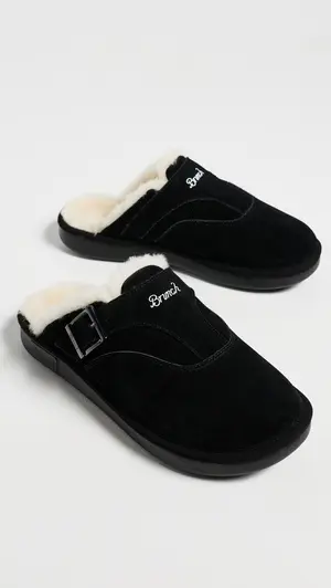 BRUNCH Suede Shearling Slippers With Adjustable Buckle - Black
