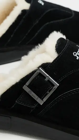 BRUNCH Suede Shearling Slippers With Adjustable Buckle - Black