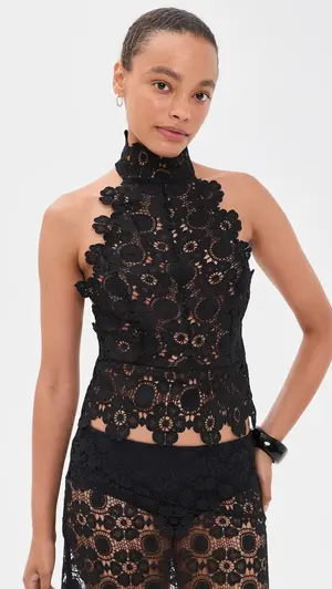 Lioness Trophy Halter Top In Crochet Lace - Noir