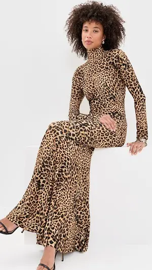 Norma Kamali Long Sleeve Turtle Fishtail Gown - Cheetah Patch