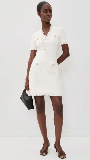 SELF-PORTRAIT Textured Knit Mini Dress With Crystal Button Detail