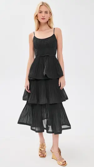 Zimmermann Pleated Tiered Midi Dress With Belted Waist - Bottle Green