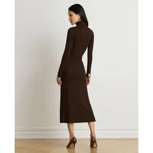 Ralph Lauren Tie-front Ribbed Turtleneck Midi Dress - Circuit Brown