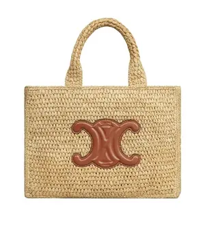 Celine Small Cabas Thais In Raffia And Calfskin - Tan