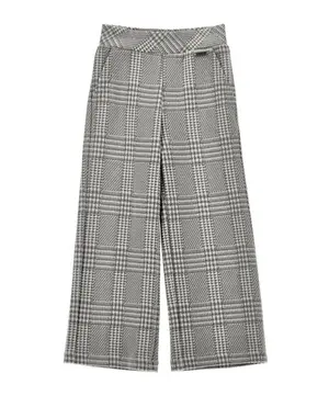 Monnalisa Checked Wide-leg Trousers With Logo Plaque - Beige Gray