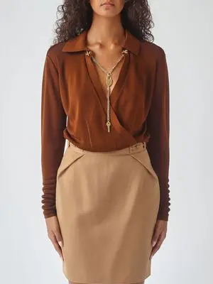 Elisabetta Franchi Long-sleeved Blouse With Metallic Mesh Details - Brown