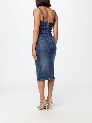 Elisabetta Franchi Midi Sheath Dress In Cotton Denim With Square Neckline