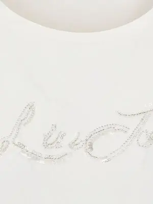 Liu Jo Slim Fit Long-sleeved Cotton T-shirt With Rhinestone Logo - White