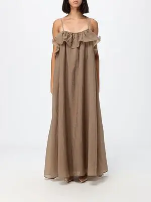 ELEH Long Embroidered Tencel Tunic With Ruffles And A Square Neck - Mud