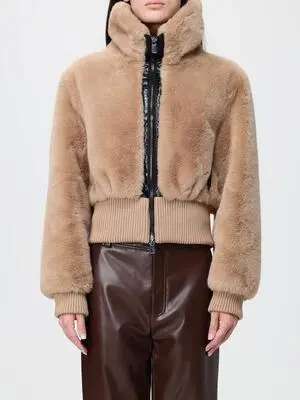 Pinko Faux Fur Zip-up Jacket With High Neck And Elasticated Cuffs - Beige