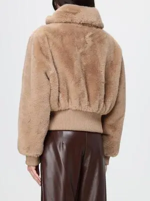 Pinko Faux Fur Zip-up Jacket With High Neck And Elasticated Cuffs - Beige