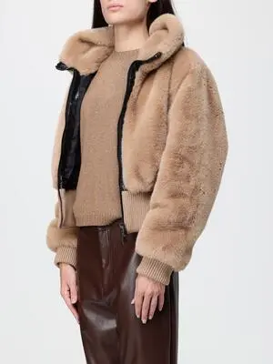 Pinko Faux Fur Zip-up Jacket With High Neck And Elasticated Cuffs - Beige