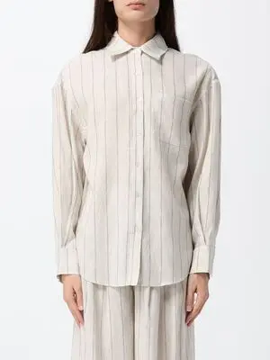 ELEH Relaxed Fit Striped Shirt In Linen Blend With A French Collar - Beige