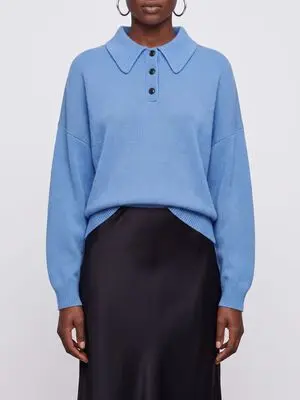 LISA YANG Pure Cashmere Relaxed Fit Long Sleeve Knitted Polo - Blue