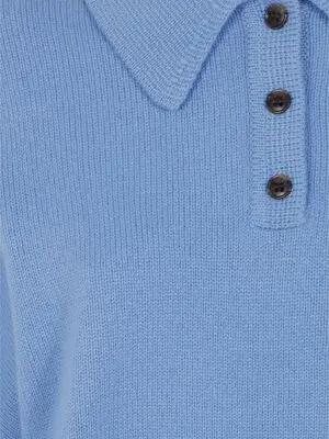 LISA YANG Pure Cashmere Relaxed Fit Long Sleeve Knitted Polo - Blue