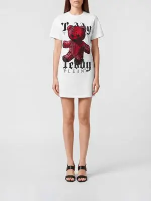 Philipp Plein Slim Fit Teddy Bear Print T-shirt Mini Dress With Rhinestones