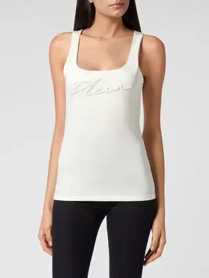 Philipp Plein Slim Fit Square Neck Jersey Tank Top With Embroidered Logo - Ivory
