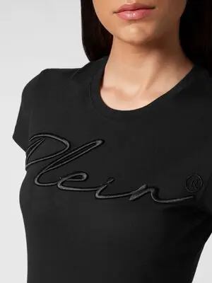 Philipp Plein Slim Fit Jersey Crewneck T-shirt With Tone-on-tone Embroidered Logo - Black