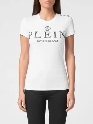 Philipp Plein Slim Fit Jersey Crewneck T-shirt With Contrast Logo And Epaulettes - White