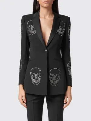 Philipp Plein Slim Fit Single-breasted Cropped Crêpe Blazer With Skull Print And Rhinestones