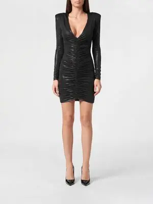 Philipp Plein Draped Sheath Mini Dress With V-neck And Padded Shoulders