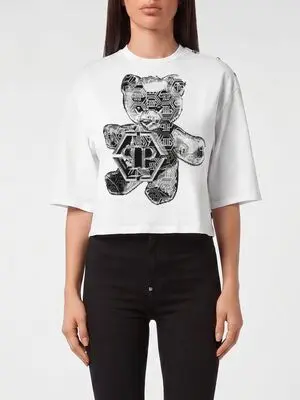 Philipp Plein Jersey T-shirt With Teddy Bear Print And Rhinestone Hexagon Logo