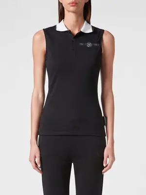 PLEIN SPORT Sleeveless Slim Fit Jersey Polo Shirt With Contrast Logo - Black