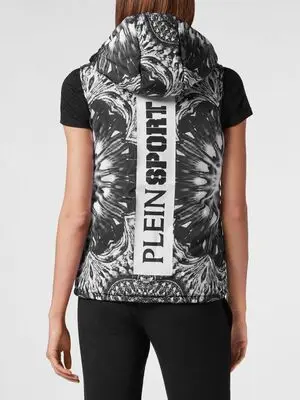 PLEIN SPORT Padded Nylon Gilet With Hood And Graphic Print