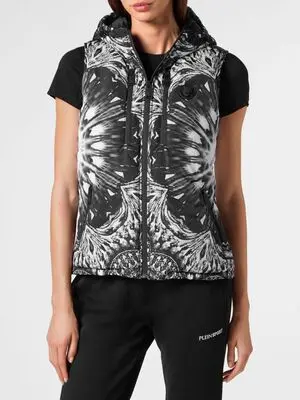 PLEIN SPORT Padded Nylon Gilet With Hood And Graphic Print