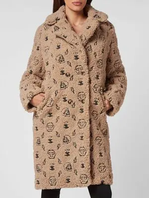 Philipp Plein Double-breasted Faux Fur Coat With Hexagon Logo Beige