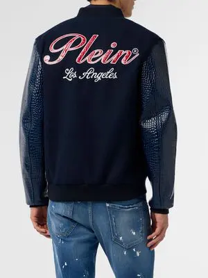 Philipp Plein Wool Cloth Varsity Bomber Jacket With Calfskin Leather Sleeves