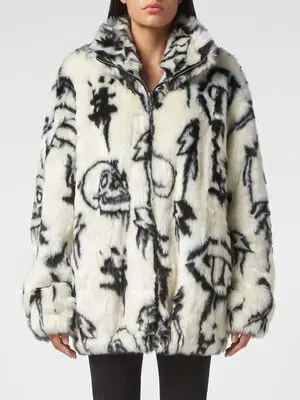 Philipp Plein Graphic Print Cropped Faux Fur Jacket With High Neck - Ivory