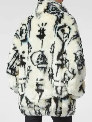 Philipp Plein Graphic Print Cropped Faux Fur Jacket With High Neck - Ivory