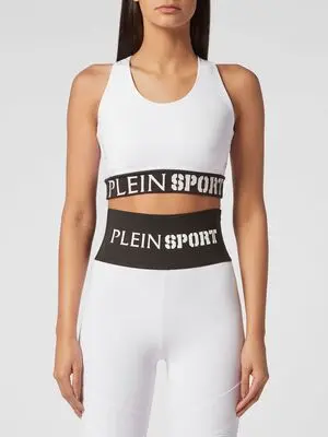 PLEIN SPORT Cropped Jersey Sports Top With Square Neckline And Jacquard Logo Band - White