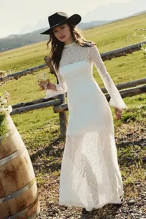 Bhldn Long-sleeve Lace Maxi Dress With Bell Sleeves