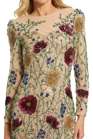 Mac Duggal Long Sleeve Sheer Bustier Floral Embroidered Dress